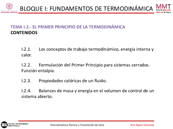 (PDF) MMT Área de Máquinas TEMA I.2.-EL PRIMER PRINCIPIO DE LA TERMODINÁMICA CONTENIDOS BLOQUE I ...