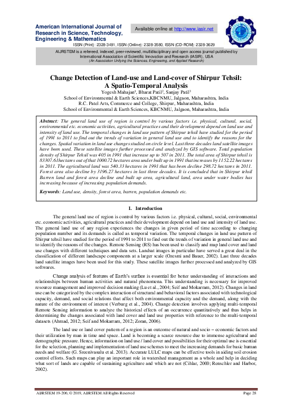 (PDF) Change Detection of Land-use and Land-cover of Shirpur Tehsil: A Spatio-Temporal Analysis