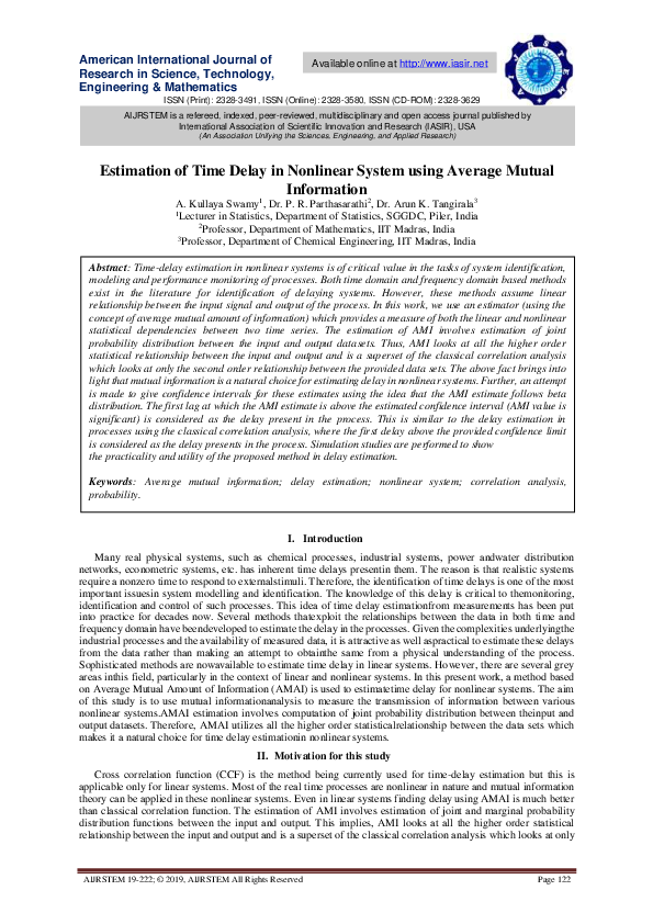 Pdf Estimation Of Time Delay In Nonlinear System Using Average Mutual Information