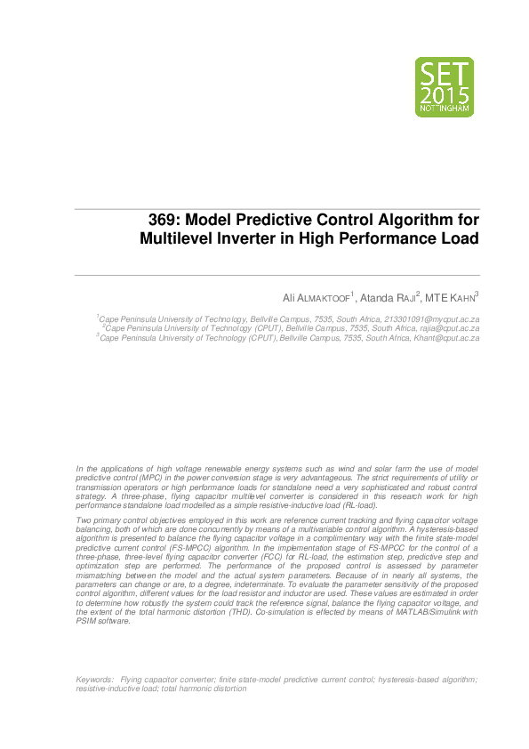 Pdf Model Predictive Control Algorithm For Multilevel Inverter In High Performance Load