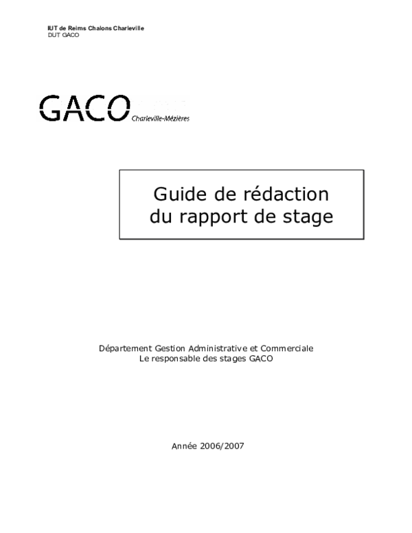 Guide De Rédaction Du Rapport De Stage Département Gestion