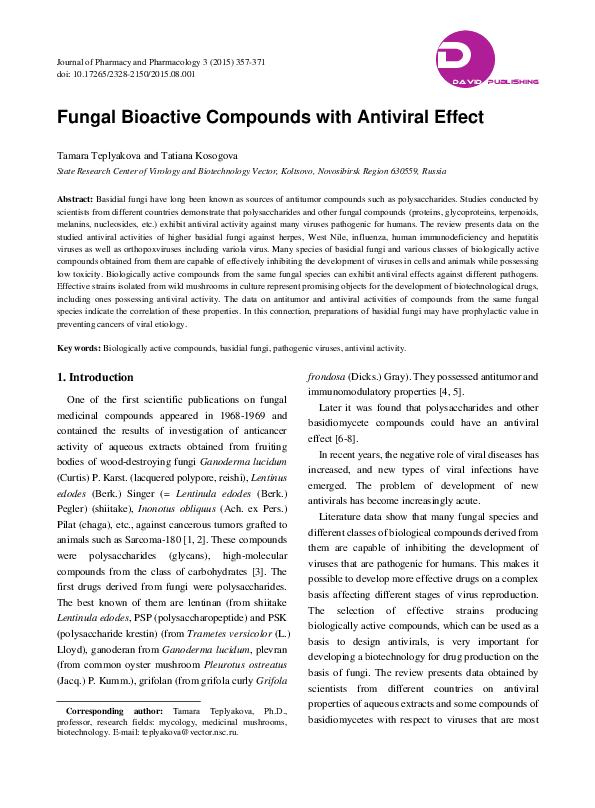 (PDF) Fungal Bioactive Compounds with Antiviral Effect
