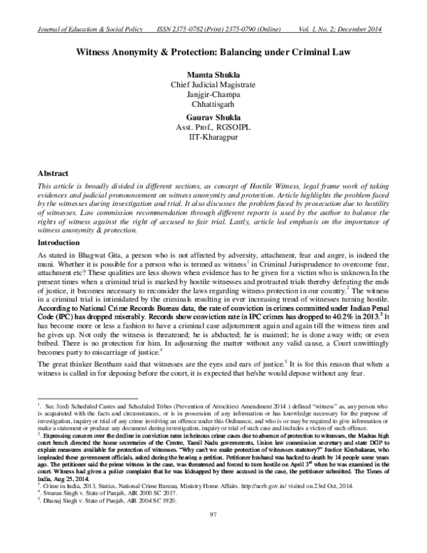 (PDF) Witness Anonymity & Protection: Balancing under Criminal Law
