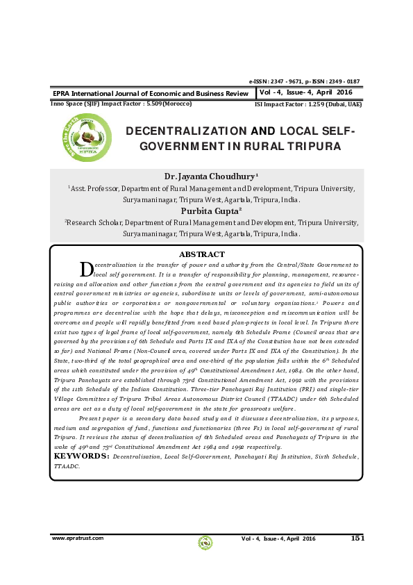 (PDF) DECENTRALIZATION AND LOCAL SELF- GOVERNMENT IN RURAL TRIPURA