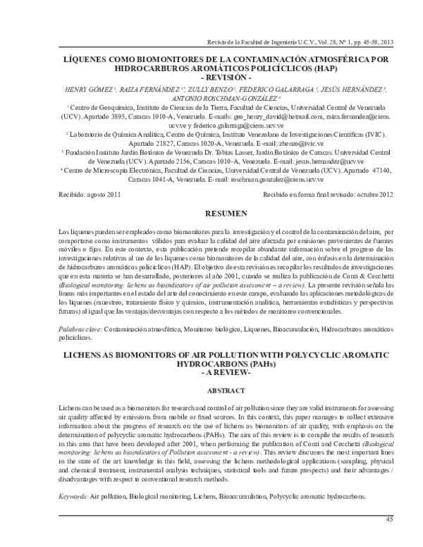 (PDF) LÍQUENES COMO BIOMONITORES DE LA CONTAMINACIÓN ATMOSFÉRICA POR ...