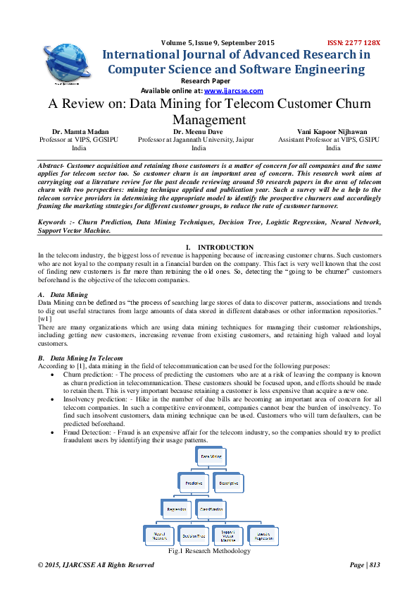 (PDF) A Review on: Data Mining for Telecom Customer Churn Management