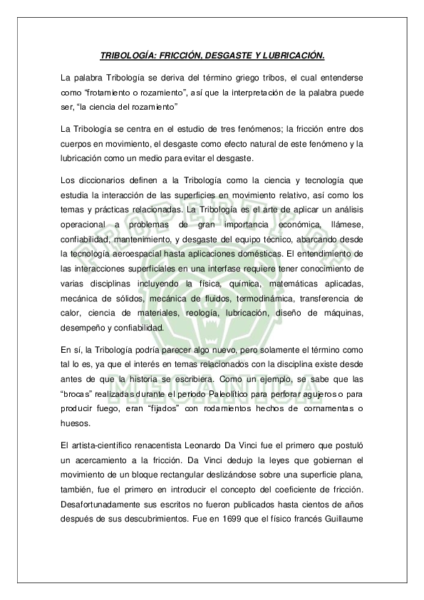 (DOC) TRIBOLOGÍA: FRICCIÓN, DESGASTE Y LUBRICACIÓN
