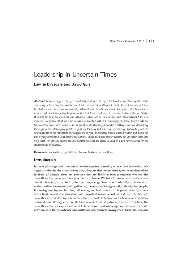 (PDF) Leadership in Uncertain Times Lawrie Drysdale David Gurr