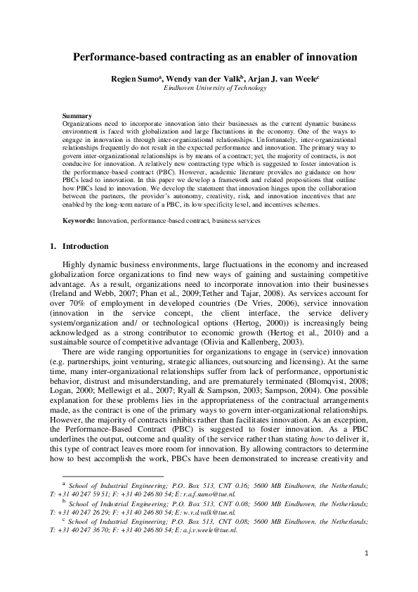 (PDF) Performance-based contracting as an enabler of innovation