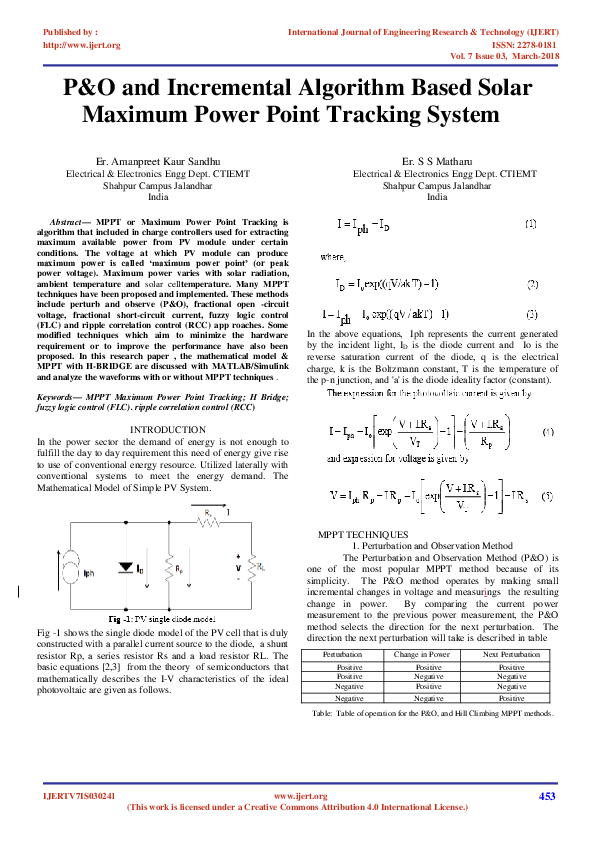 (PDF) IJERT-P&O and Incremental Algorithm Based Solar Maximum Power Point Tracking System ...