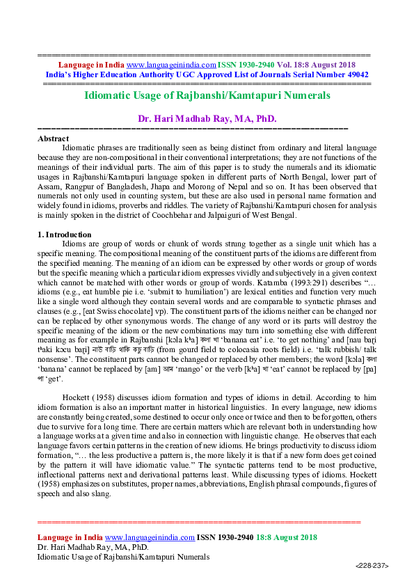 (PDF) Idiomatic Usage of Rajbanshi/Kamtapuri Numerals