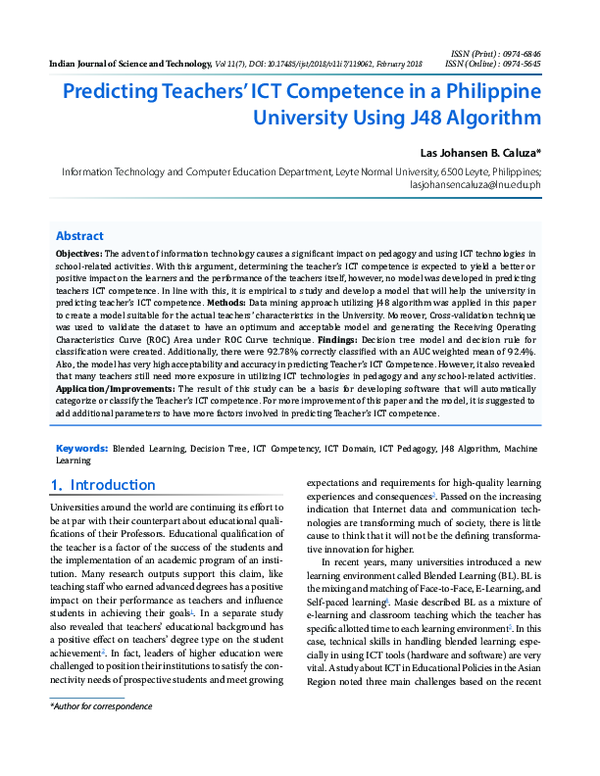 (PDF) Predicting Teachers' ICT Competence in a Philippine State University Using J48 Algorithm