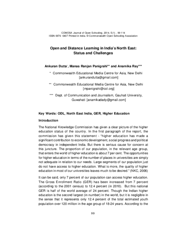 (PDF) Open and Distance Learning in India's North East: Status and ...