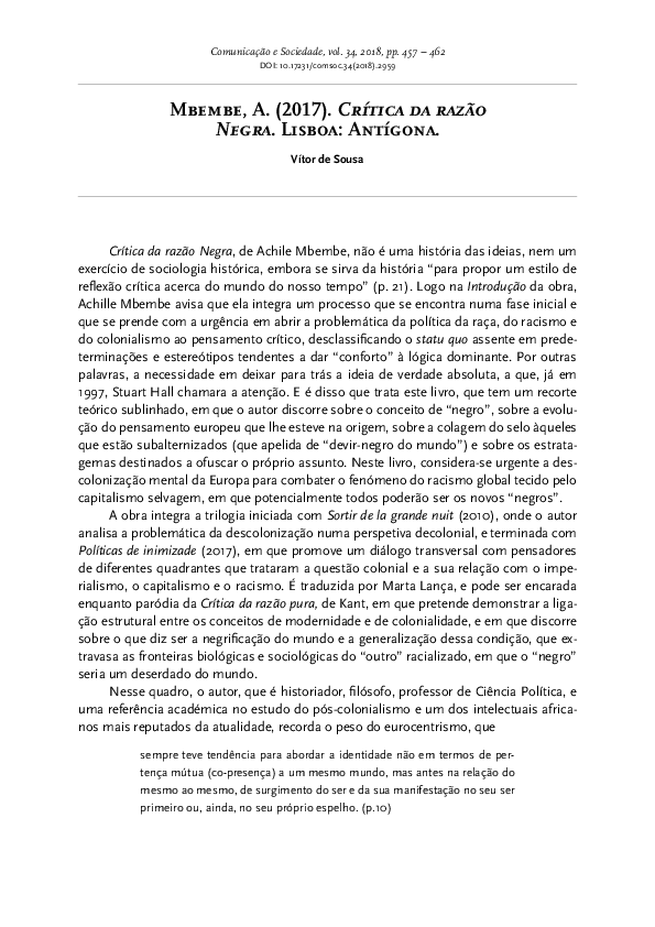 (PDF) Recensão do livro "Crítica da razão negra", de A. Mbembe (Lisboa ...