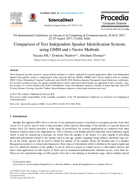 Pdf Sciencedirect Comparison Of Text Independent Speaker Identification Systems Using Gmm And