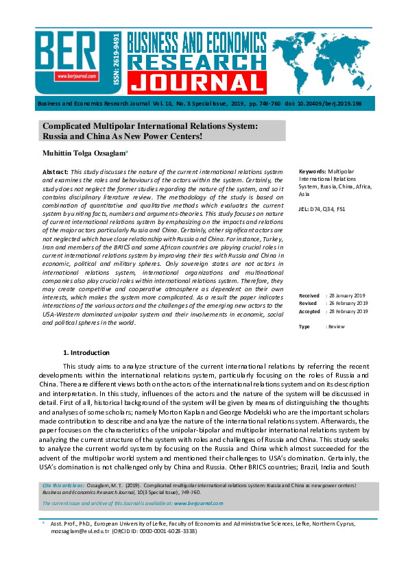 (PDF) Complicated Multipolar International Relations System: Russia and ...