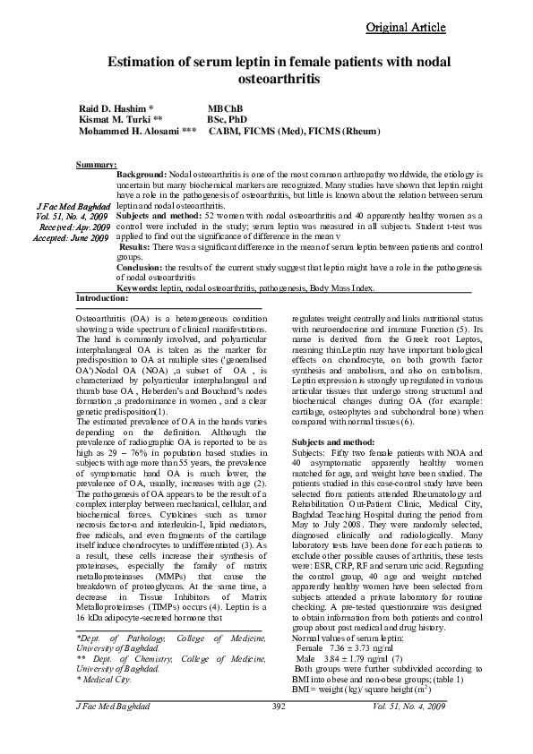 (PDF) Estimation of serum leptin in female patients with nodal ...