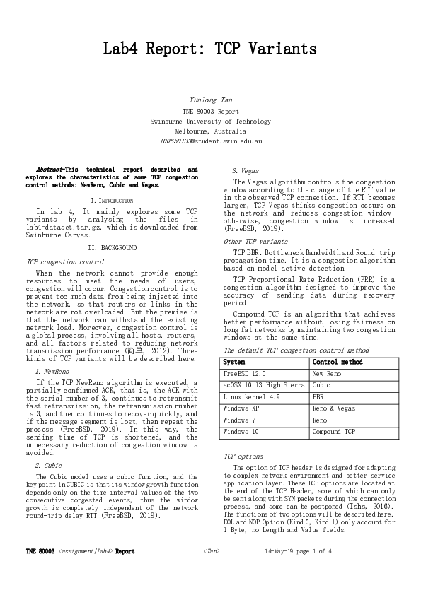 (PDF) Lab4 Report: TCP Variants | 云龙 谈 - Academia.edu