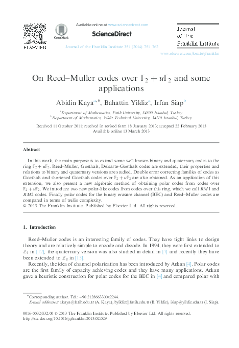 (PDF) On Reed–Muller codes over and some applications
