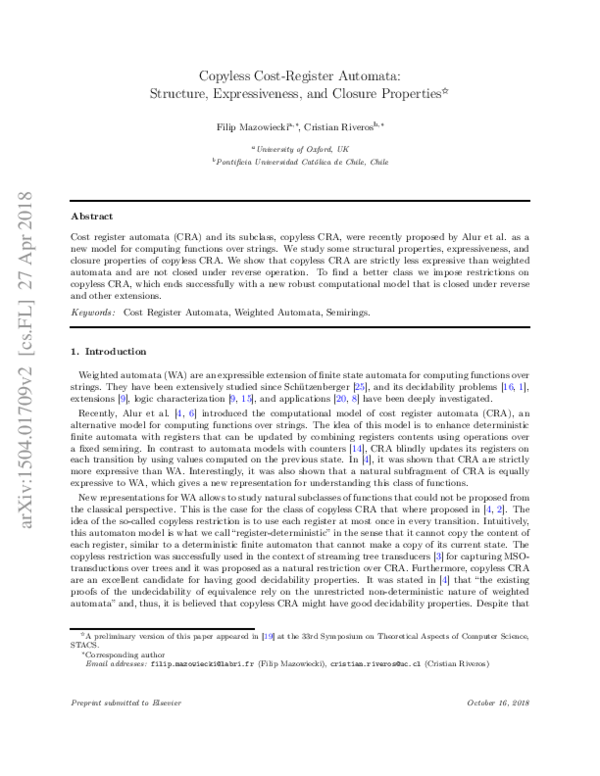 (PDF) Copyless Cost-Register Automata: Structure, Expressiveness, and ...