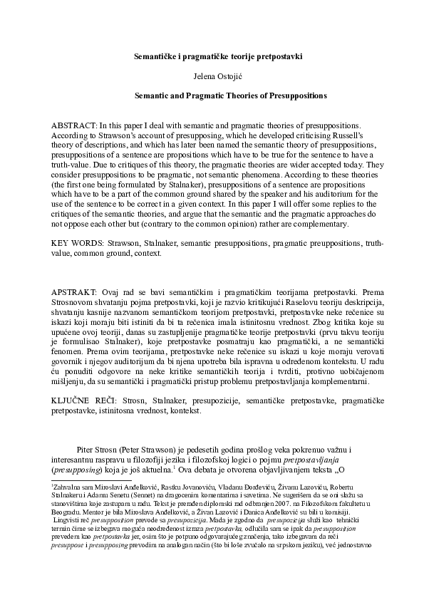 (DOC) Semantic and Pragmatic Theories of Presuppositions | Jelena J ...