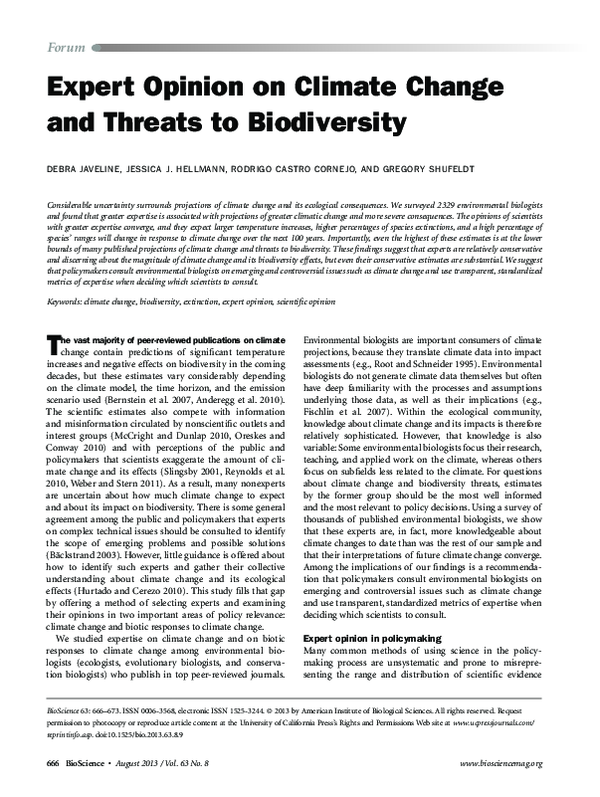 (PDF) Expert Opinion on Climate Change and Threats to Biodiversity