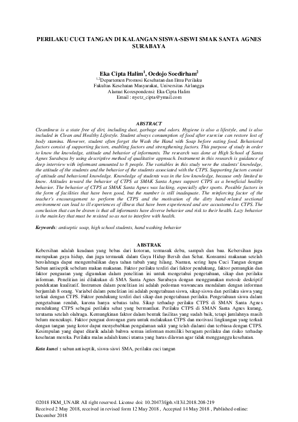 (PDF) PERILAKU CUCI TANGAN DI KALANGAN SISWA-SISWI SMAK SANTA AGNES ...