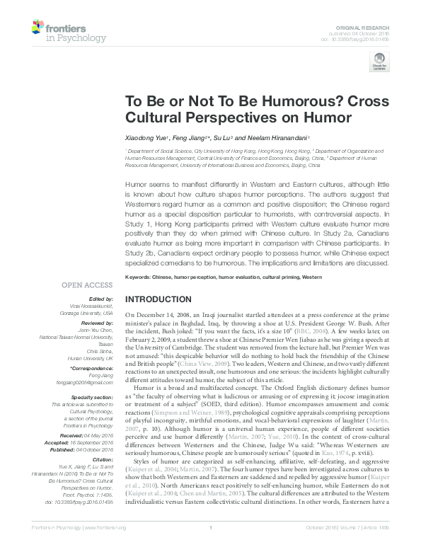 (PDF) To Be or Not To Be Humorous Cross Cultural Perspectives on ...