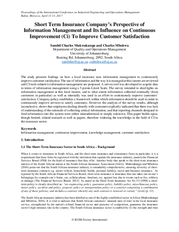 (PDF) Short Term Insurance Company's Perspective of Information ...