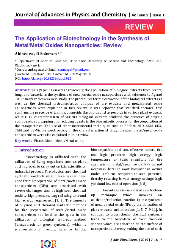 (PDF) The Application of Biotechnology in the Synthesis of Metal/Metal ...