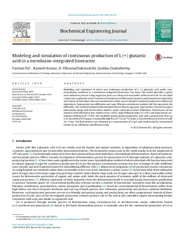 (PDF) Modeling and simulation of continuous production of L (+) glutamic acid in a membrane ...