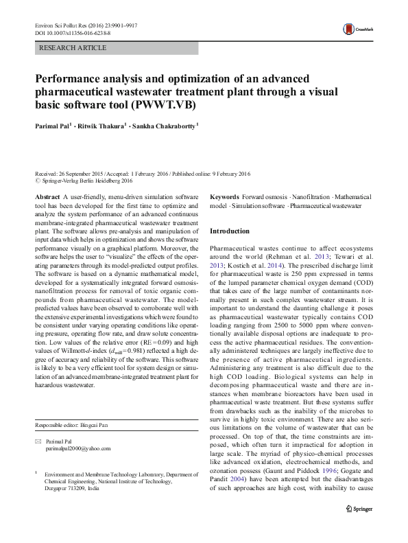 (PDF) Performance analysis and optimization of an advanced pharmaceutical wastewater treatment ...