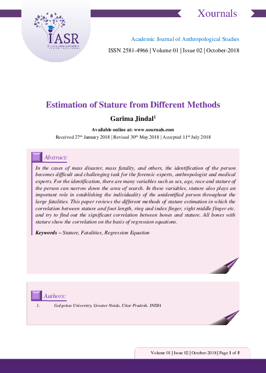 (PDF) Estimation of Stature from Different Methods