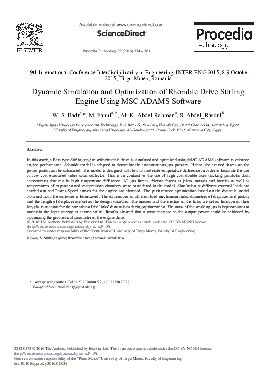 (PDF) Dynamic Simulation and Optimization of Rhombic Drive Stirling ...