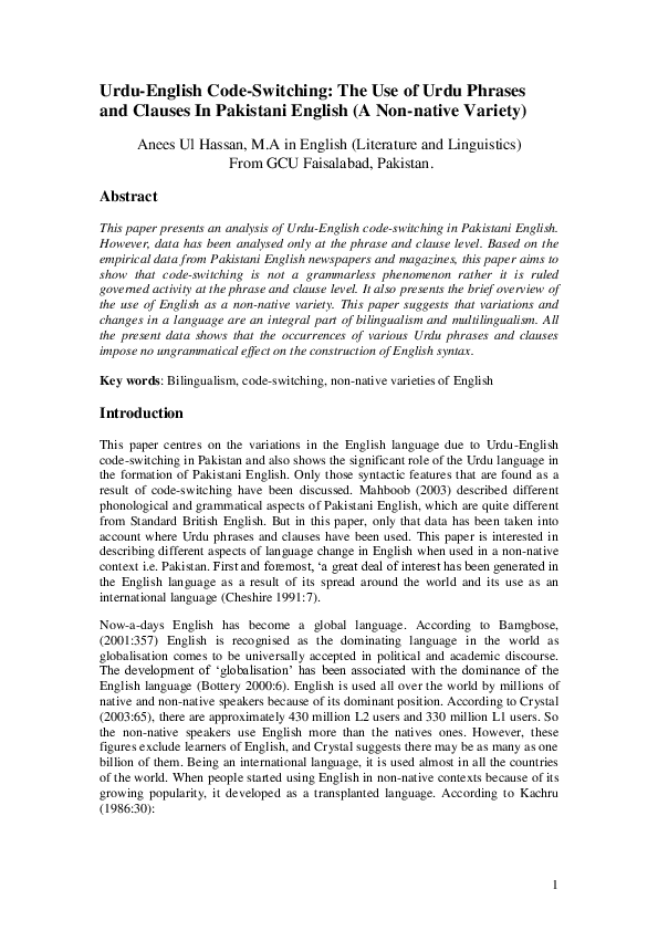 (PDF) Urdu-English Code-Switching: The Use of Urdu Phrases and Clauses In Pakistani English (A ...