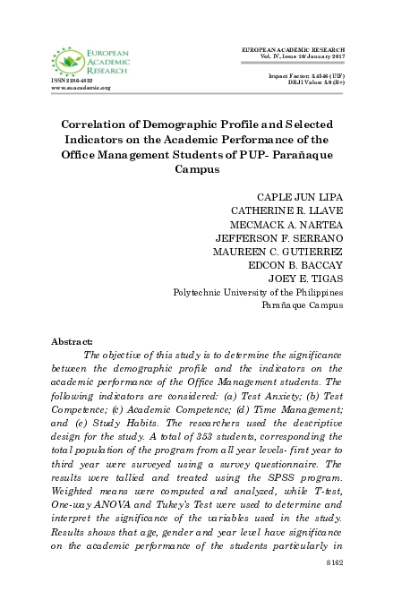 (PDF) Correlation of Demographic Profile and Selected Indicators on the ...