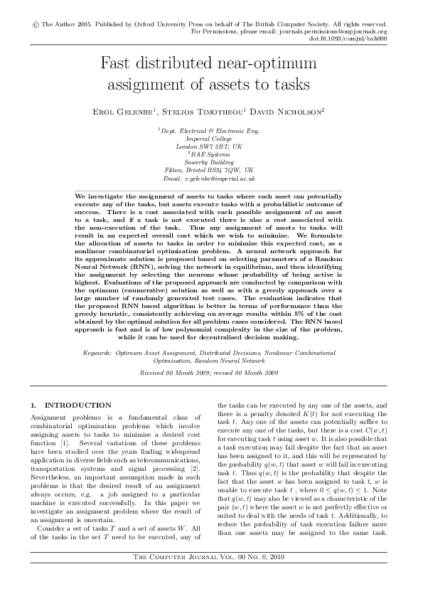 Pdf Fast Distributed Near Optimum Assignment Of Assets To Tasks