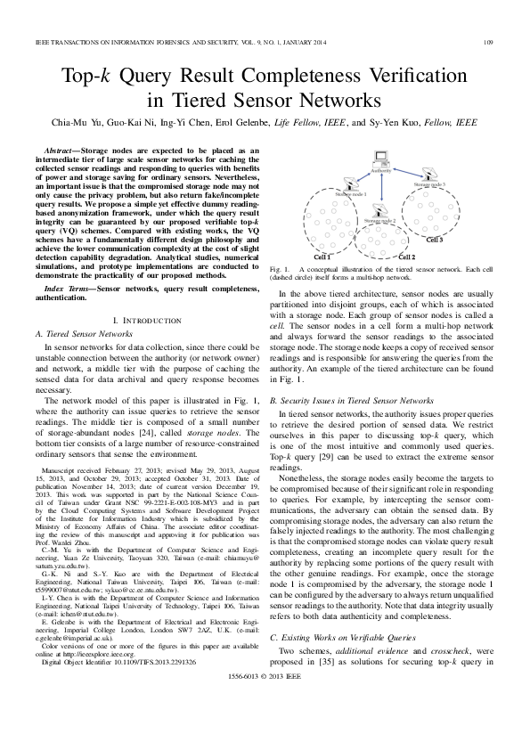(PDF) Top-k Query Result Completeness Verification in Tiered Sensor Networks