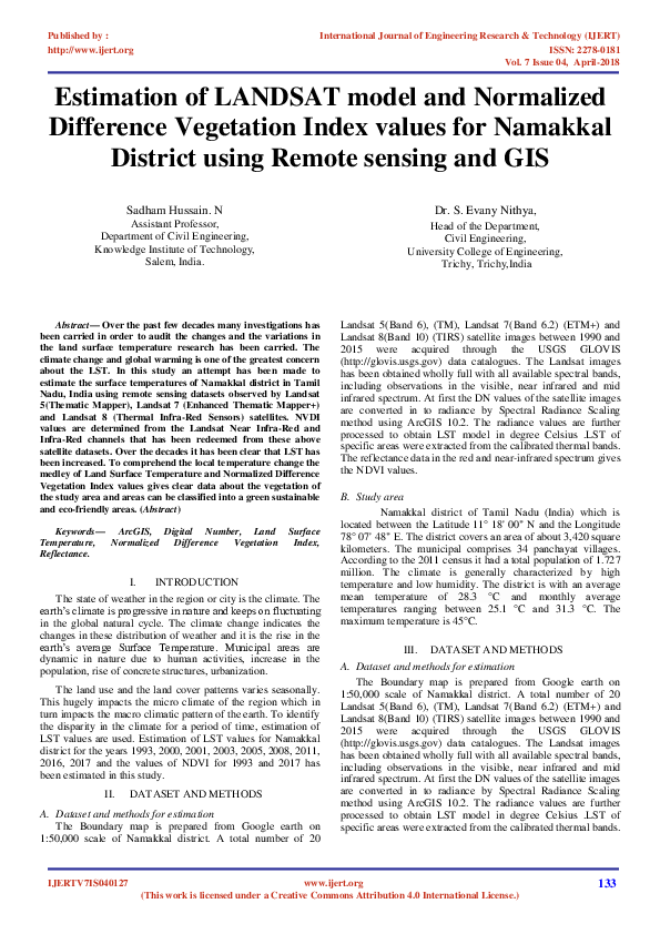 Pdf Ijert Estimation Of Landsat Model And Normalized Difference Vegetation Index Values For