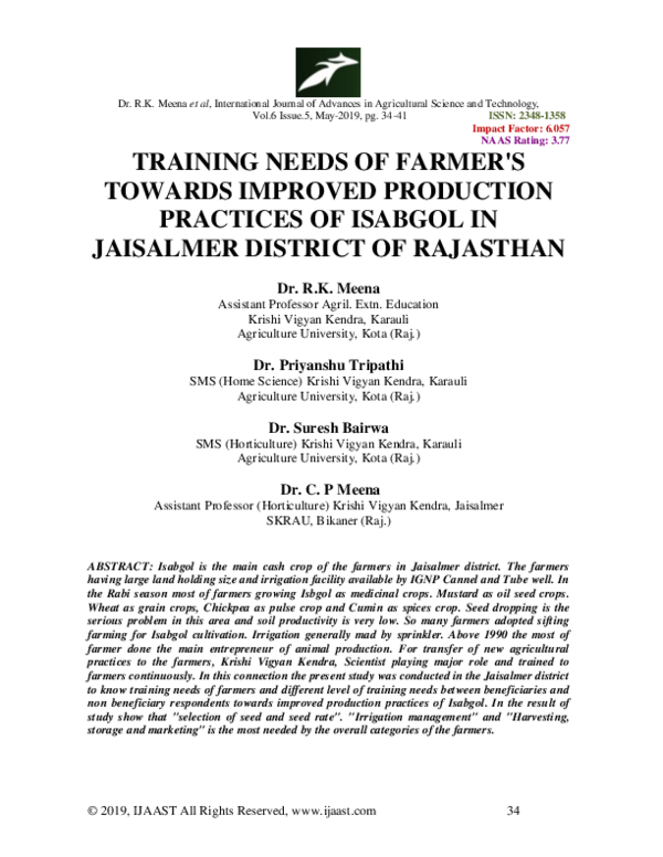 (PDF) TRAINING NEEDS OF FARMER'S TOWARDS IMPROVED PRODUCTION PRACTICES ...
