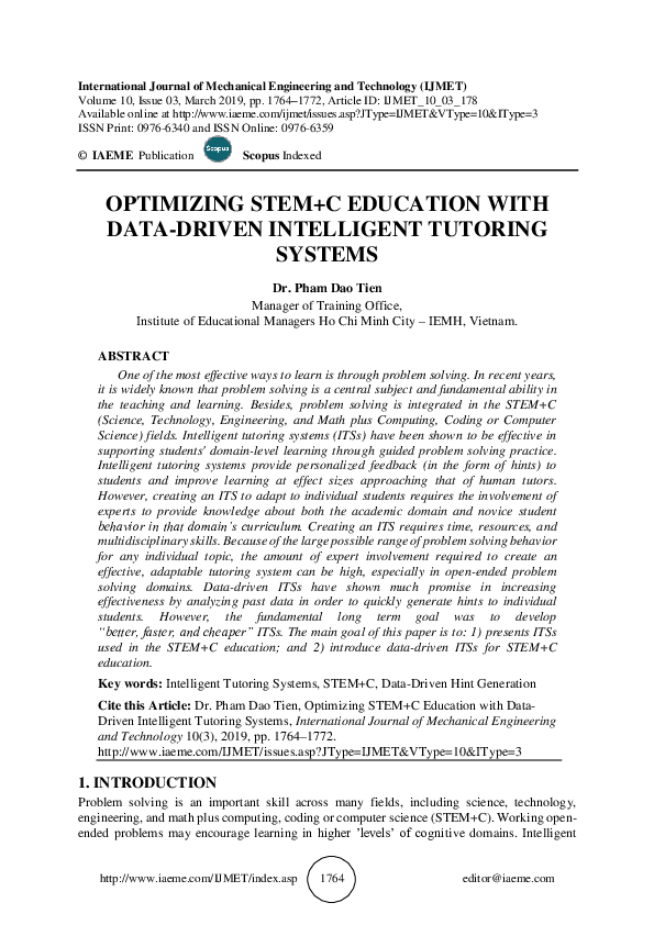 (PDF) OPTIMIZING STEM+C EDUCATION WITH DATA-DRIVEN INTELLIGENT TUTORING SYSTEMS