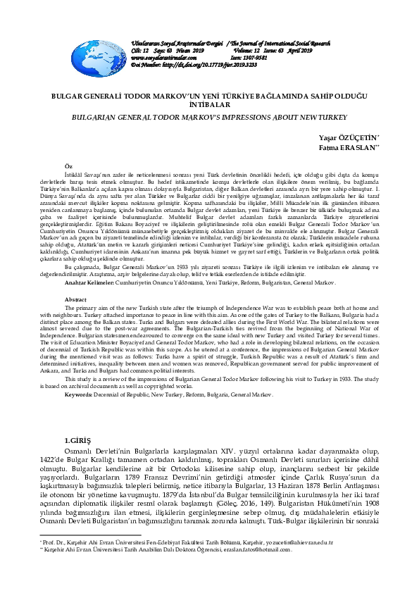 (PDF) BULGAR GENERALİ TODOR MARKOV'UN YENİ TÜRKİYE BAĞLAMINDA SAHİP OLDUĞU İNTİBALAR BULGARIAN ...