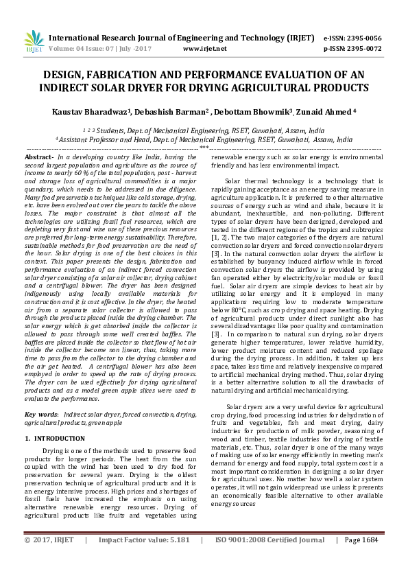 (PDF) DESIGN, FABRICATION AND PERFORMANCE EVALUATION OF AN INDIRECT SOLAR DRYER FOR DRYING ...
