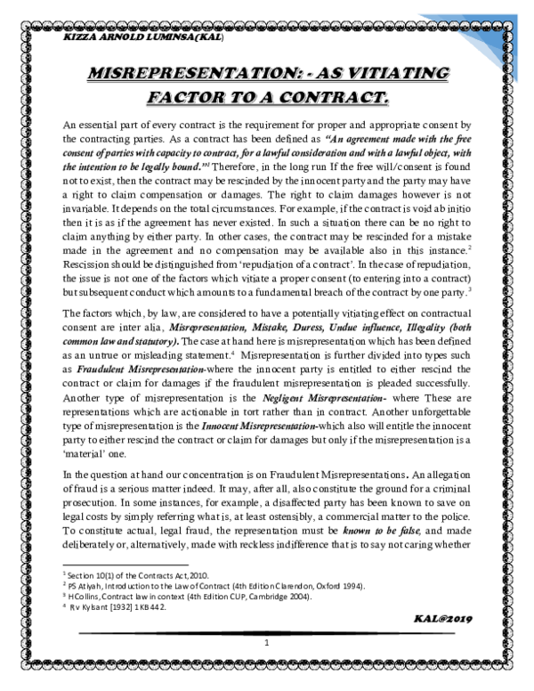(PDF) MISREPRESENTATION AS A VITIATING FACTOR TO A CONTRACT.