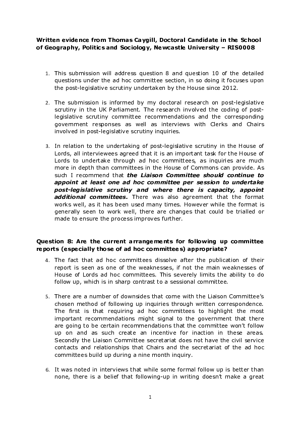 (PDF) Written Evidence to the House of Lords Liaison Committee - Review ...