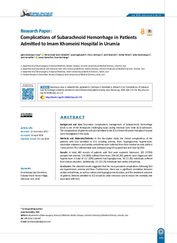 (PDF) Complications of Subarach-noid Hemorrhage in Patients Admitted to ...