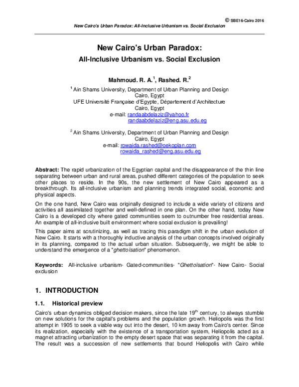 (PDF) New Cairo's Urban Paradox: All-Inclusive Urbanism vs. Social ...