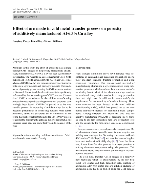 (PDF) Effect of arc mode in cold metal transfer process on porosity of ...