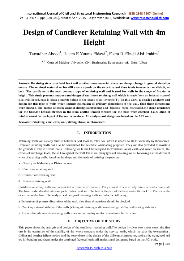 (PDF) Design of Cantilever Retaining Wall with 4m Height