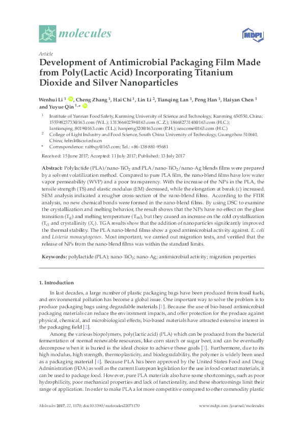 (PDF) molecules Development of Antimicrobial Packaging Film Made from ...